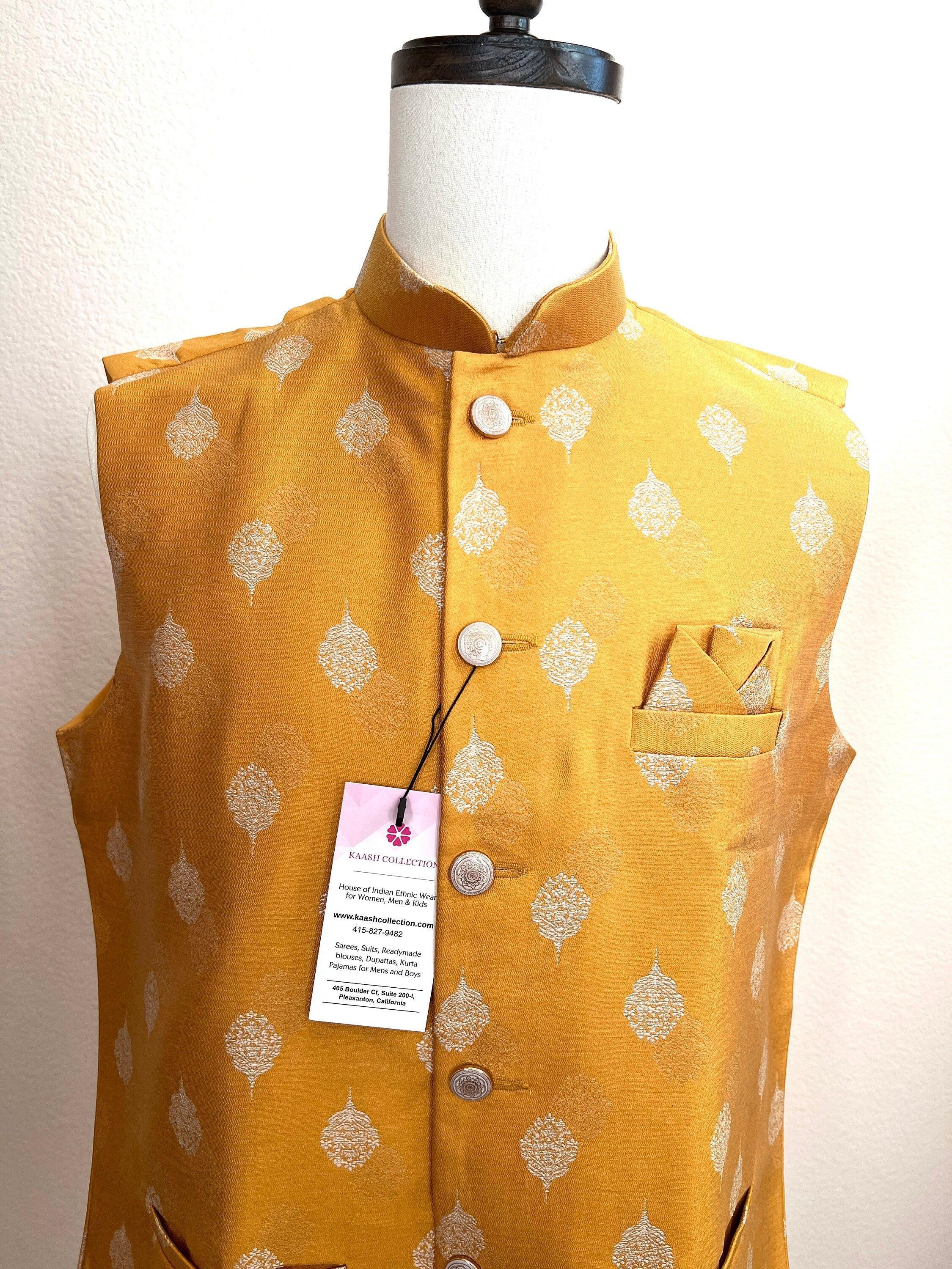 Designer Mango Yellow Modi Nehru Jacket For Men in Silk | Waist Coat ...