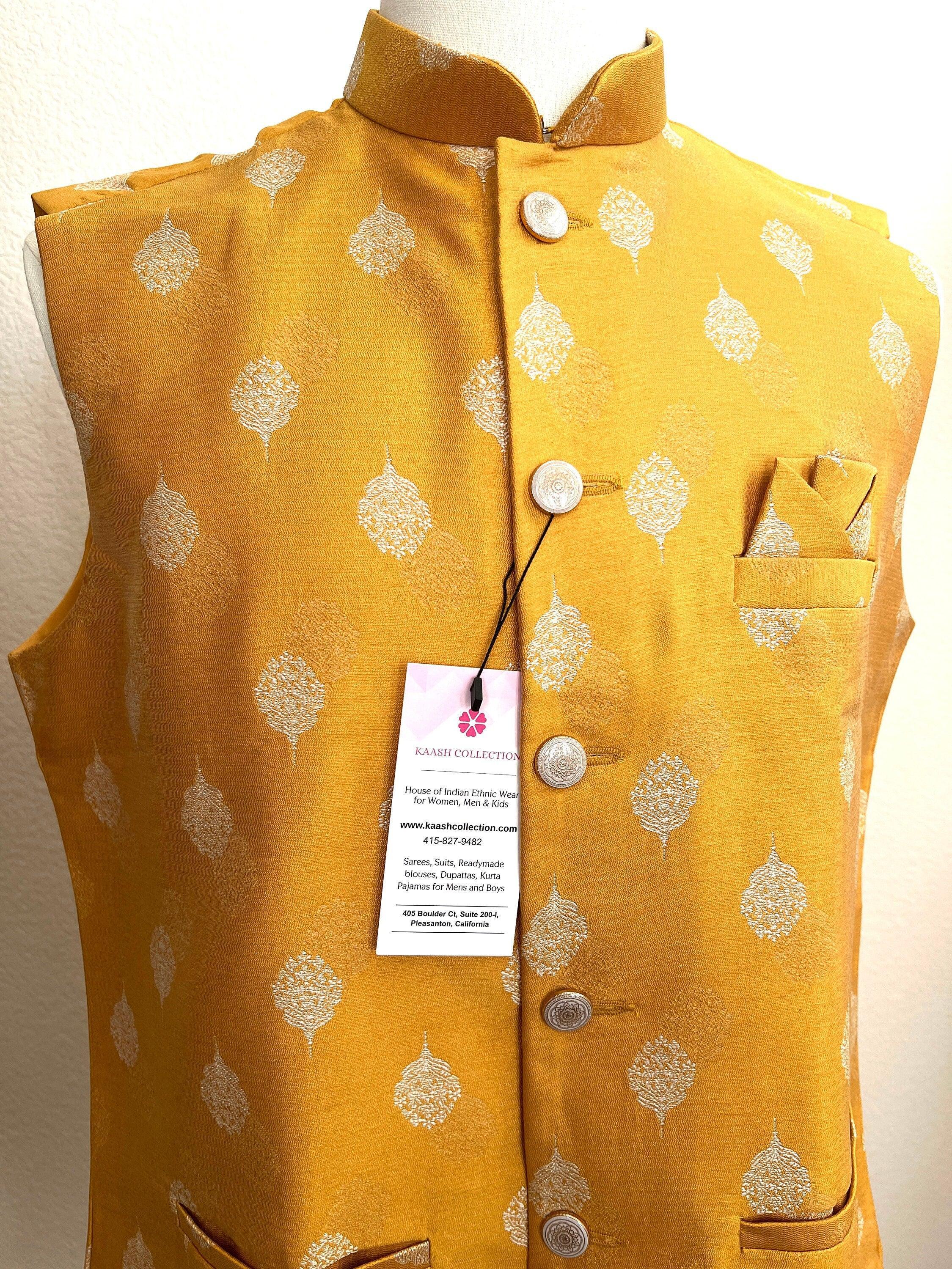 Designer Mango Yellow Modi Nehru Jacket For Men in Silk | Waist Coat ...