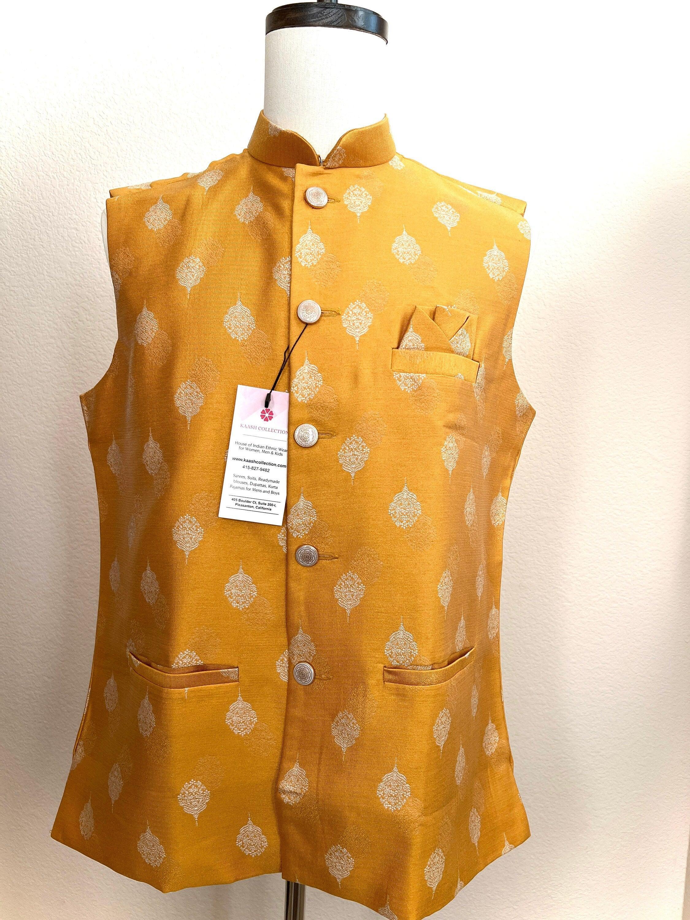 Designer Mango Yellow Modi Nehru Jacket For Men in Silk | Waist Coat ...