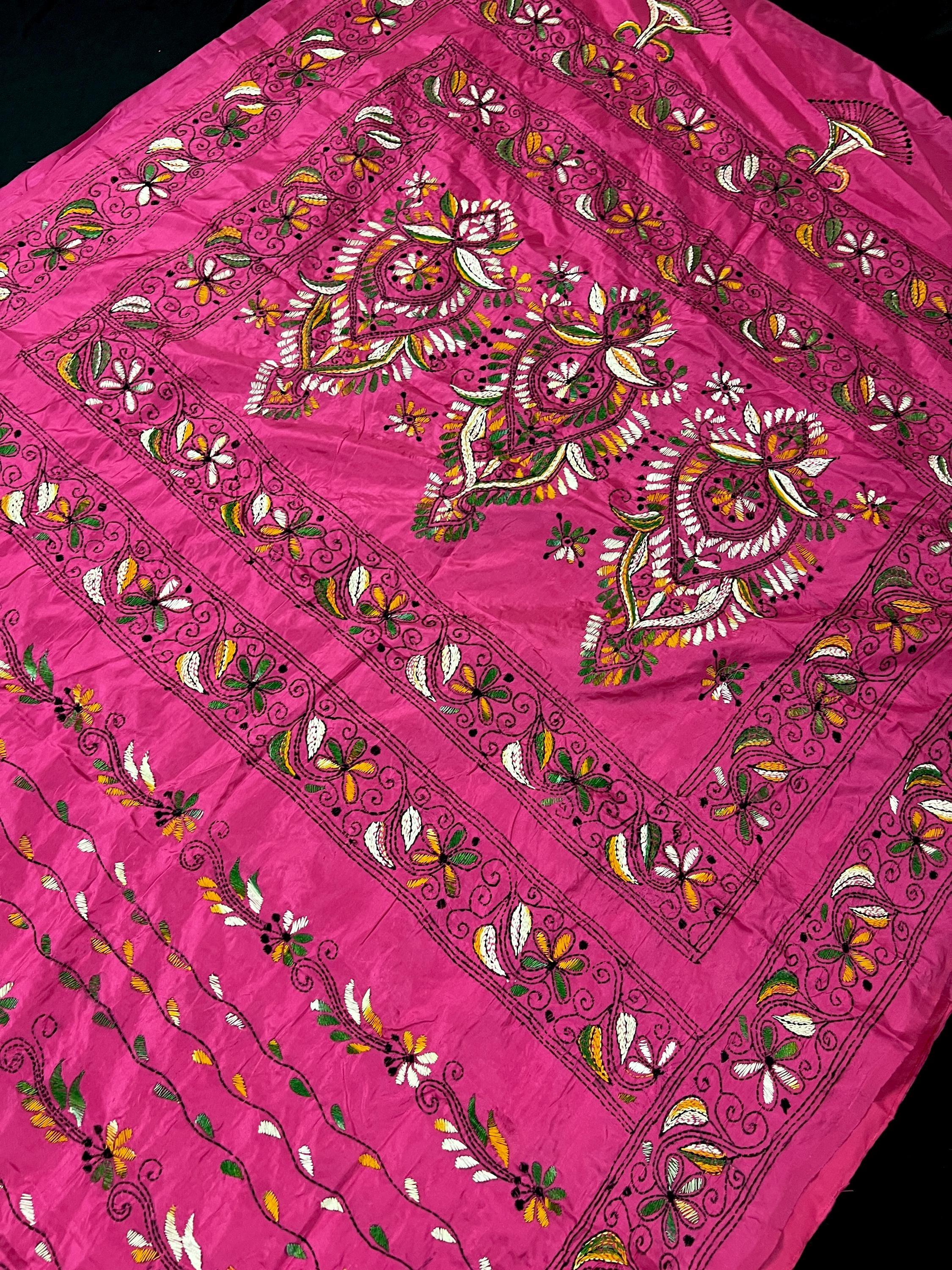 Handmade Deep Pink Color Kantha Saree - Bangalori Silk Saree ...