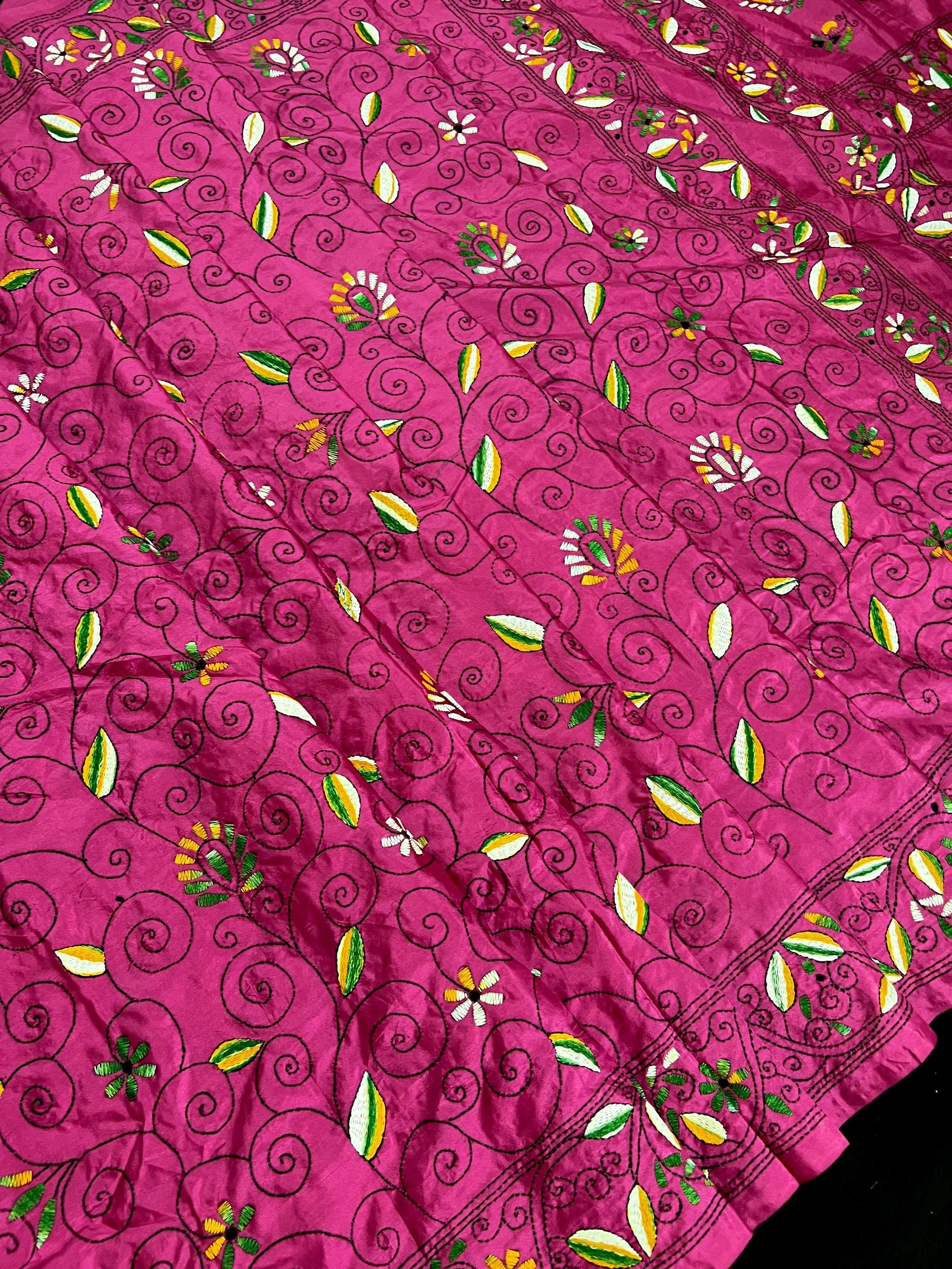 Handmade Pink Color Kantha Stitch Saree - Bangalori Silk Saree ...