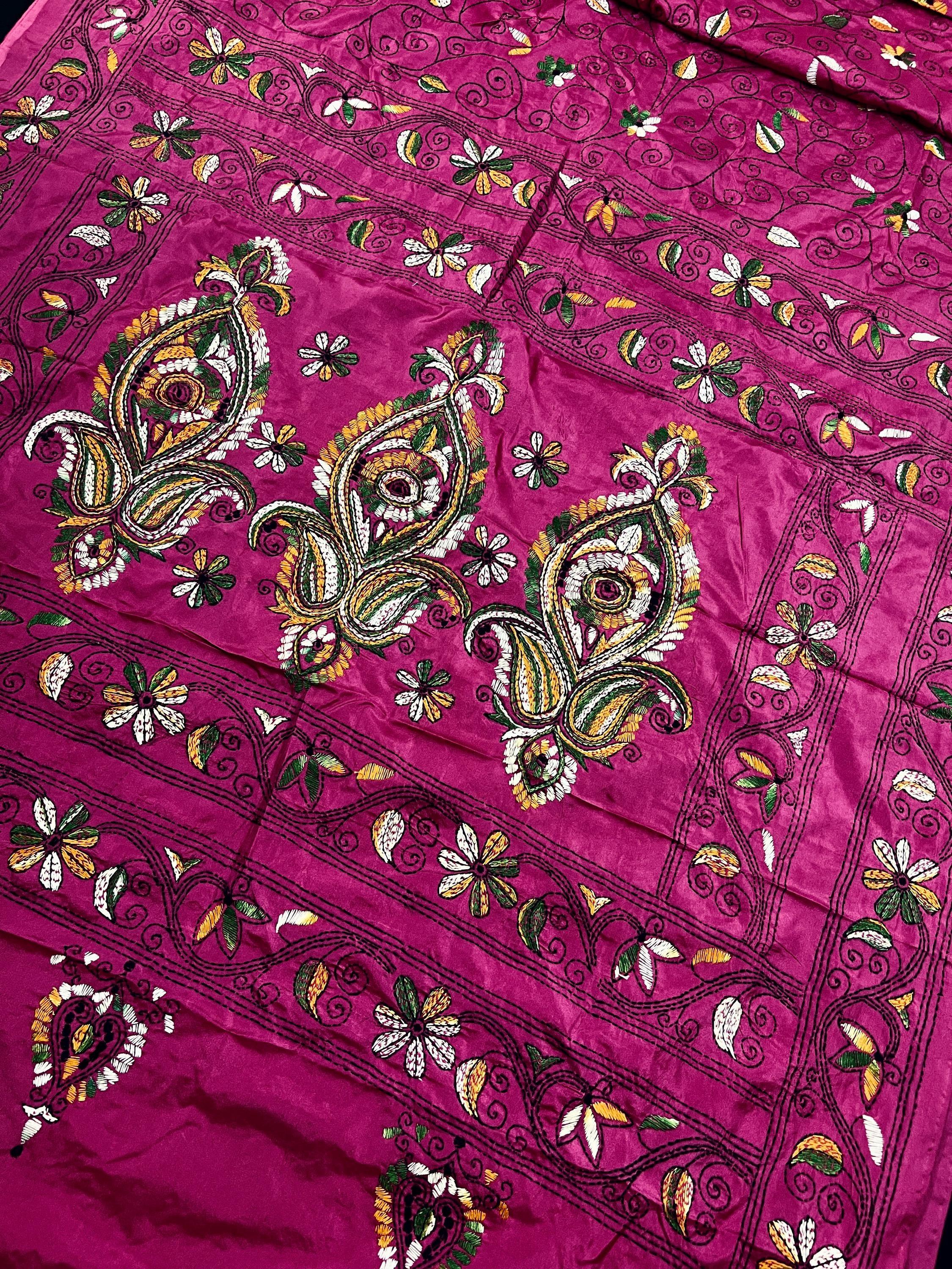 Handmade Pink Color Kantha Stitch Saree in Bangalori Silk - Handwoven ...