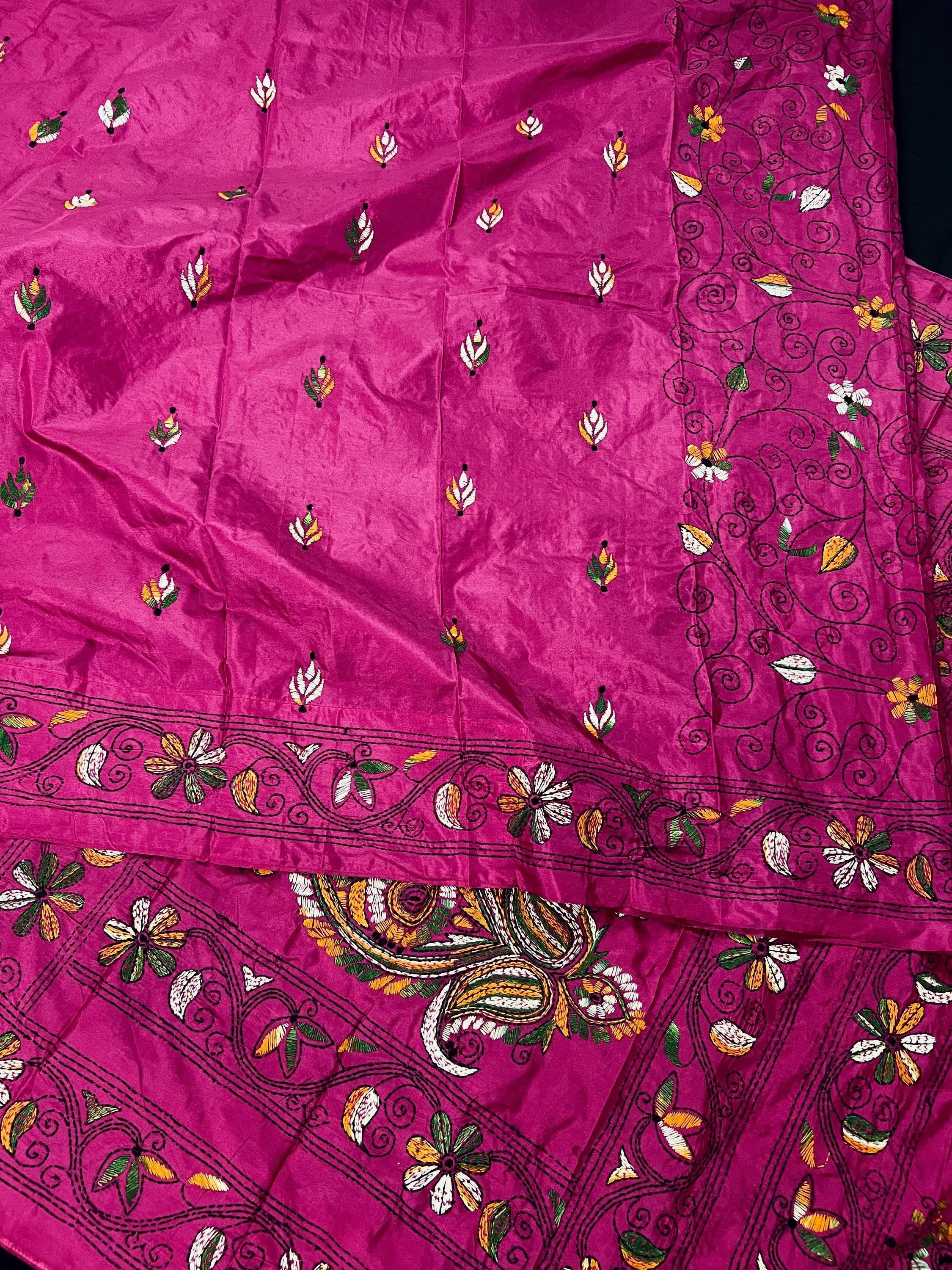 Handmade Pink Color Kantha Stitch Saree in Bangalori Silk - Handwoven ...