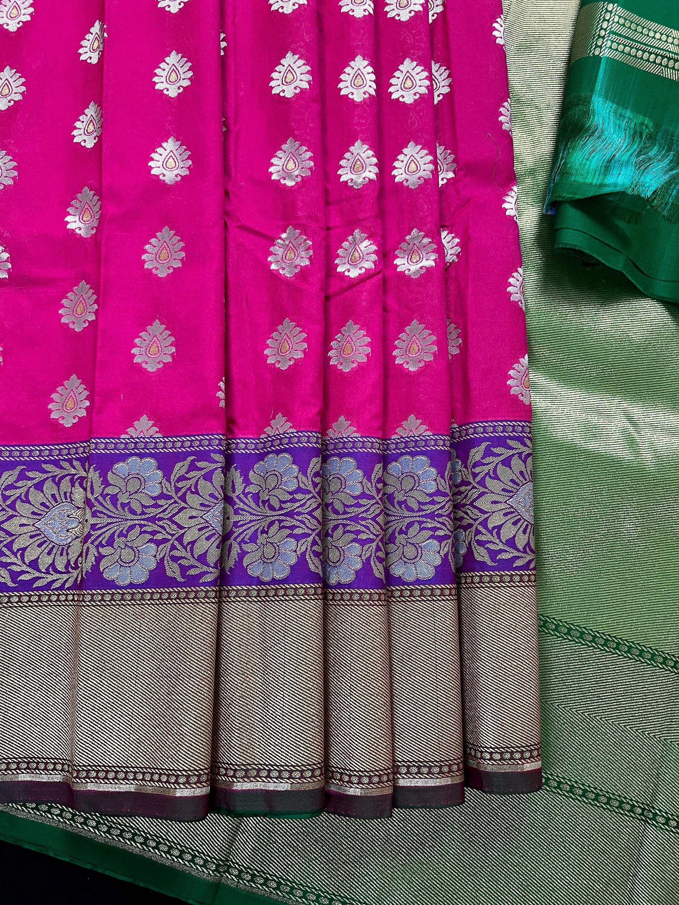 Hot Pink with Purple and Green color combination Traditional Border Banarasi Handloom Soft Silk ...