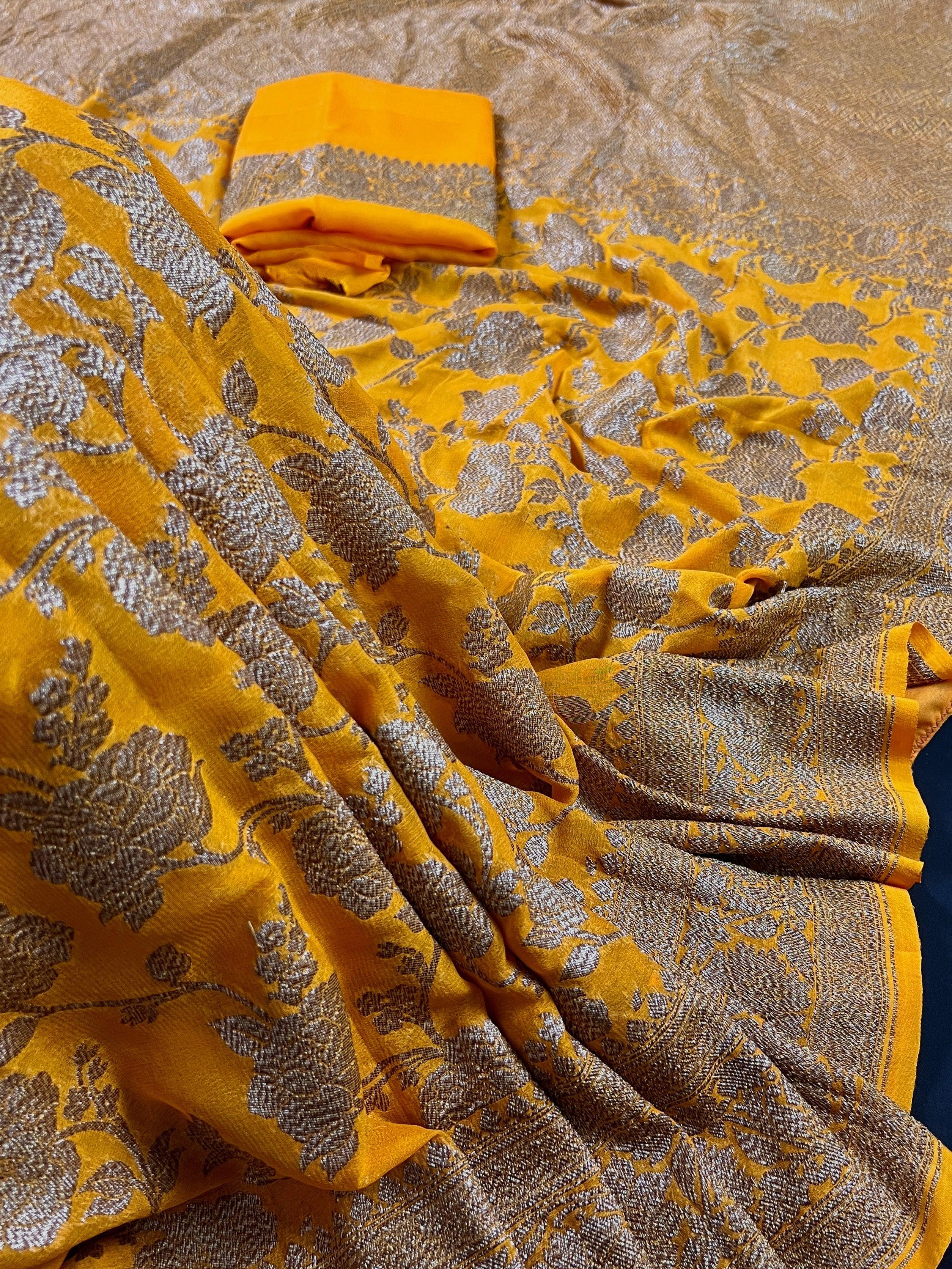 Mango Yellow Color Pure Khaddi Georgette Banarasi Silk Saree with ...