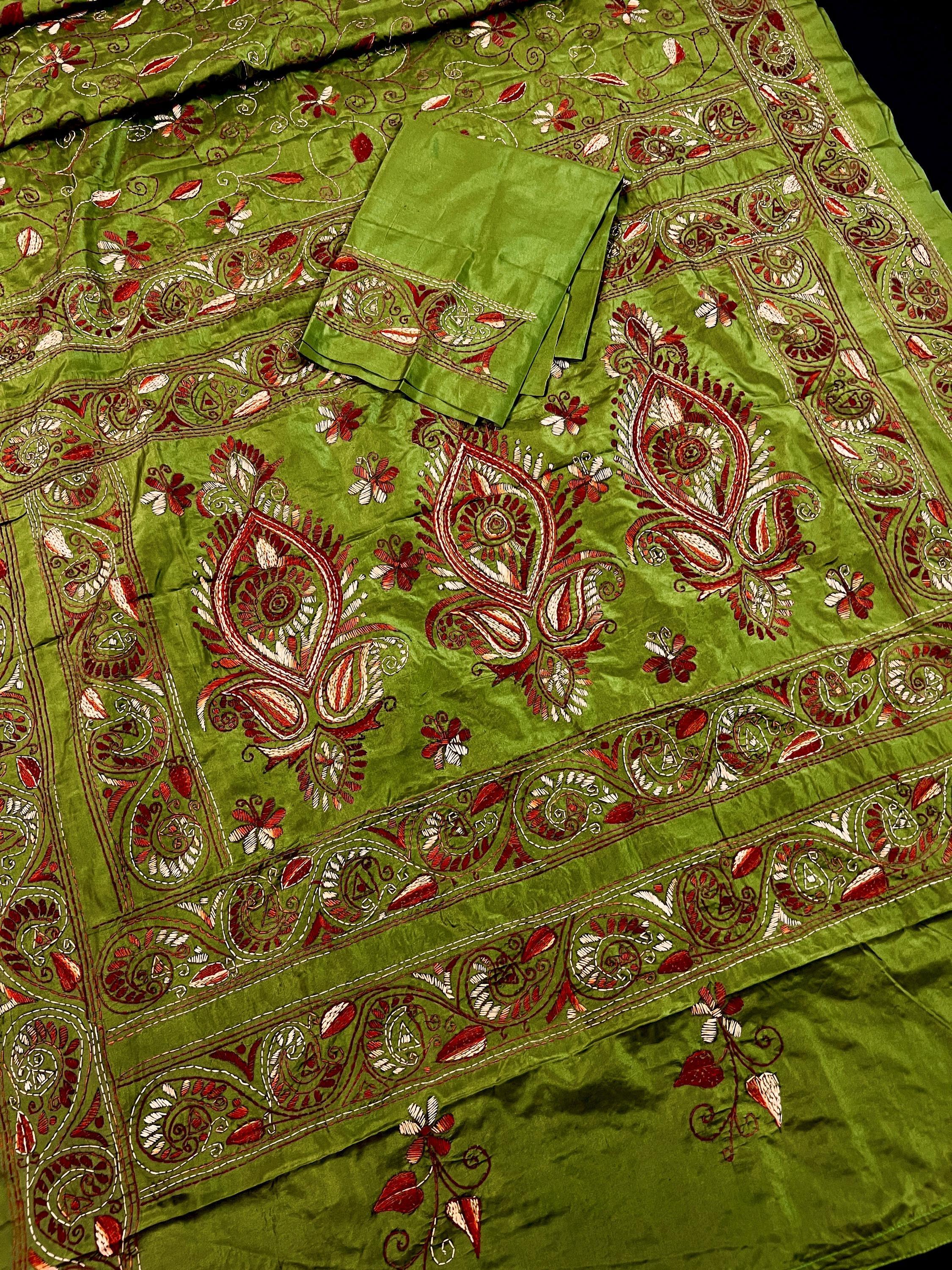 Mehndi Green Color Bangalori Silk Saree with Hand Kantha Stitch ...