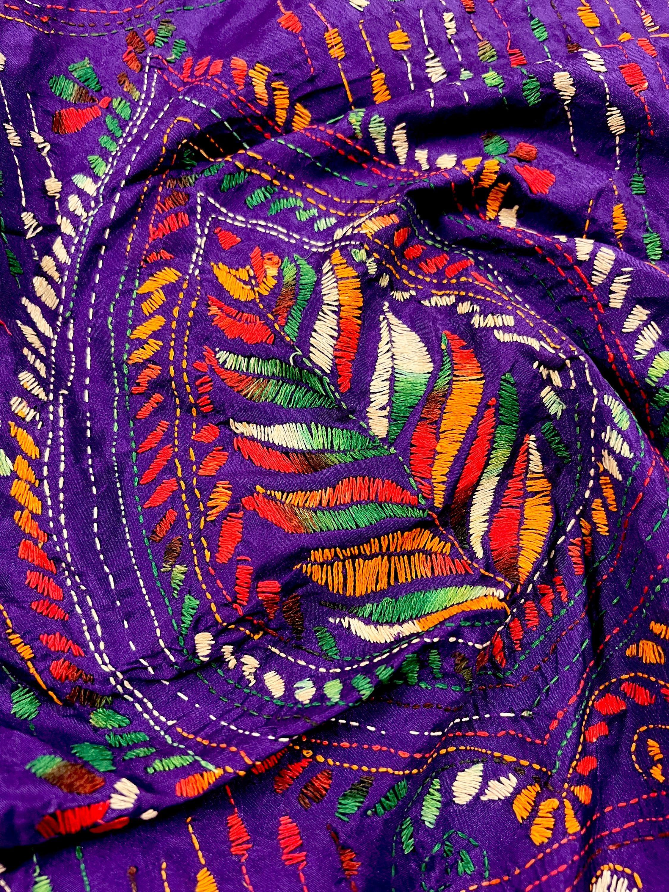 Purple Color Kantha Stitch Saree - Bangalori Silk Saree - Handwoven ...