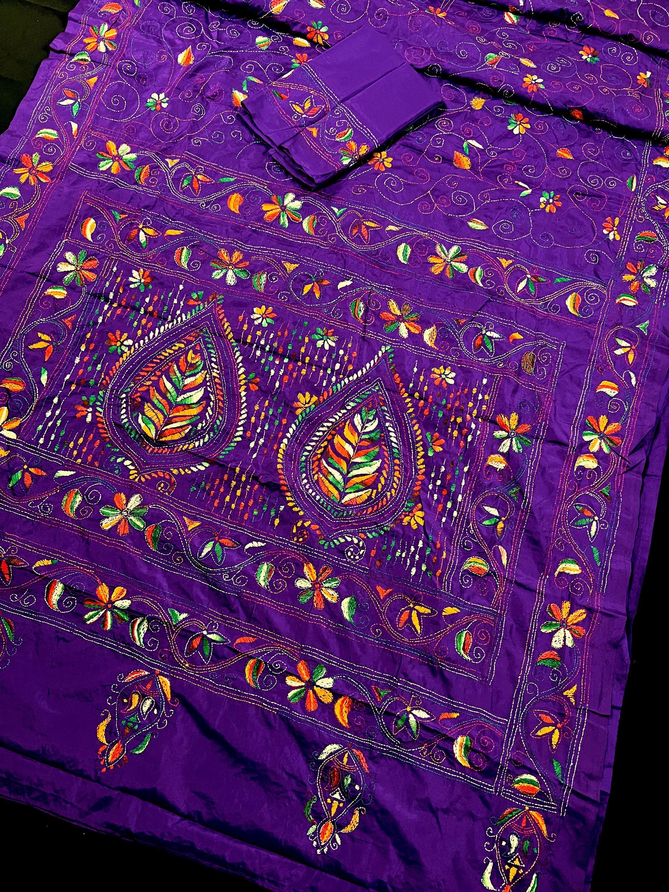Purple Color Kantha Stitch Saree - Bangalori Silk Saree - Handwoven ...
