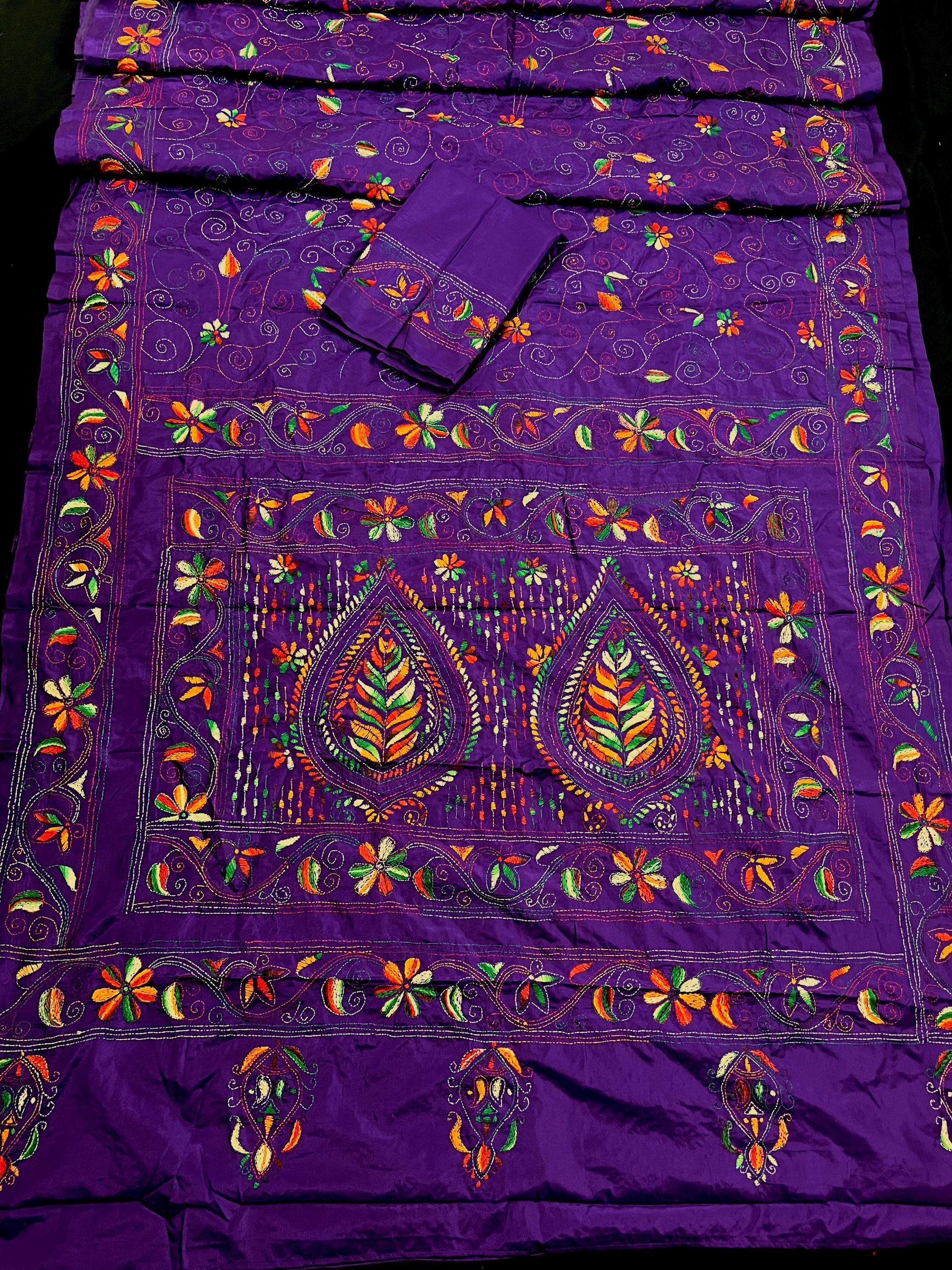 Purple Color Kantha Stitch Saree - Bangalori Silk Saree - Handwoven ...
