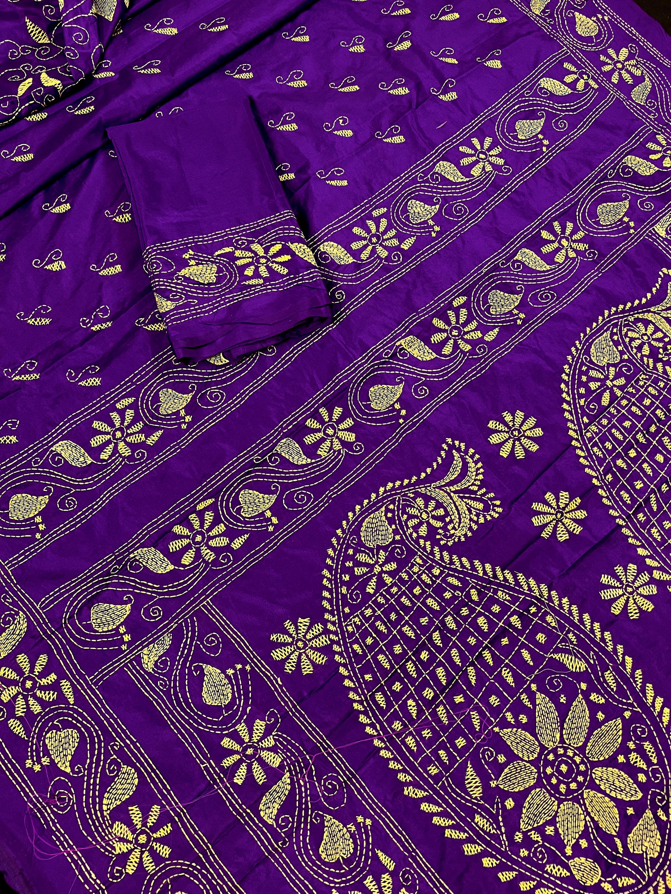Purple Color Kantha Stitch Saree - Bangalori Silk Saree - Handwoven ...
