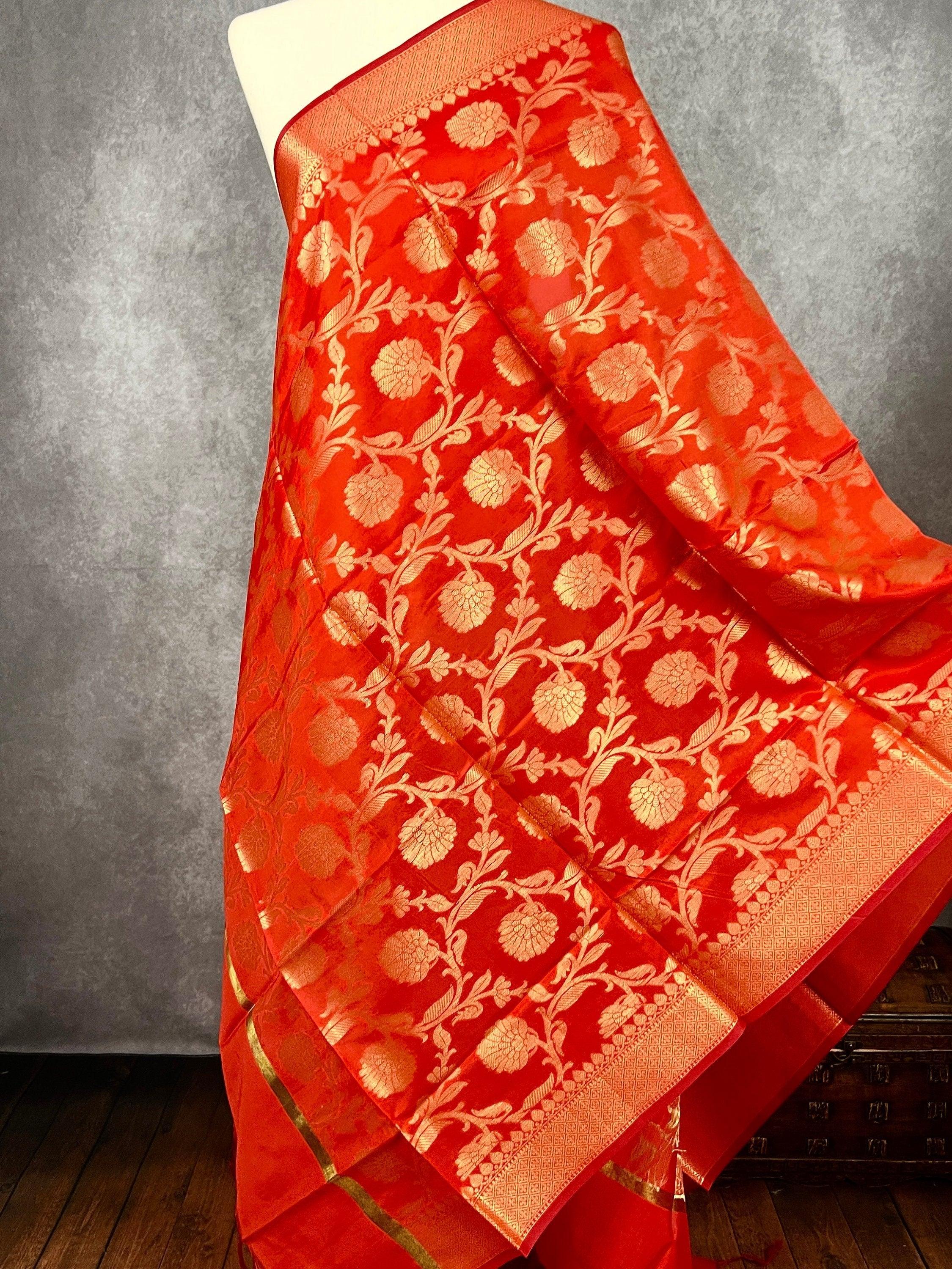 Red Color Banarasi Silk Dupatta with Flower and Jaal | Zari Weaved ...