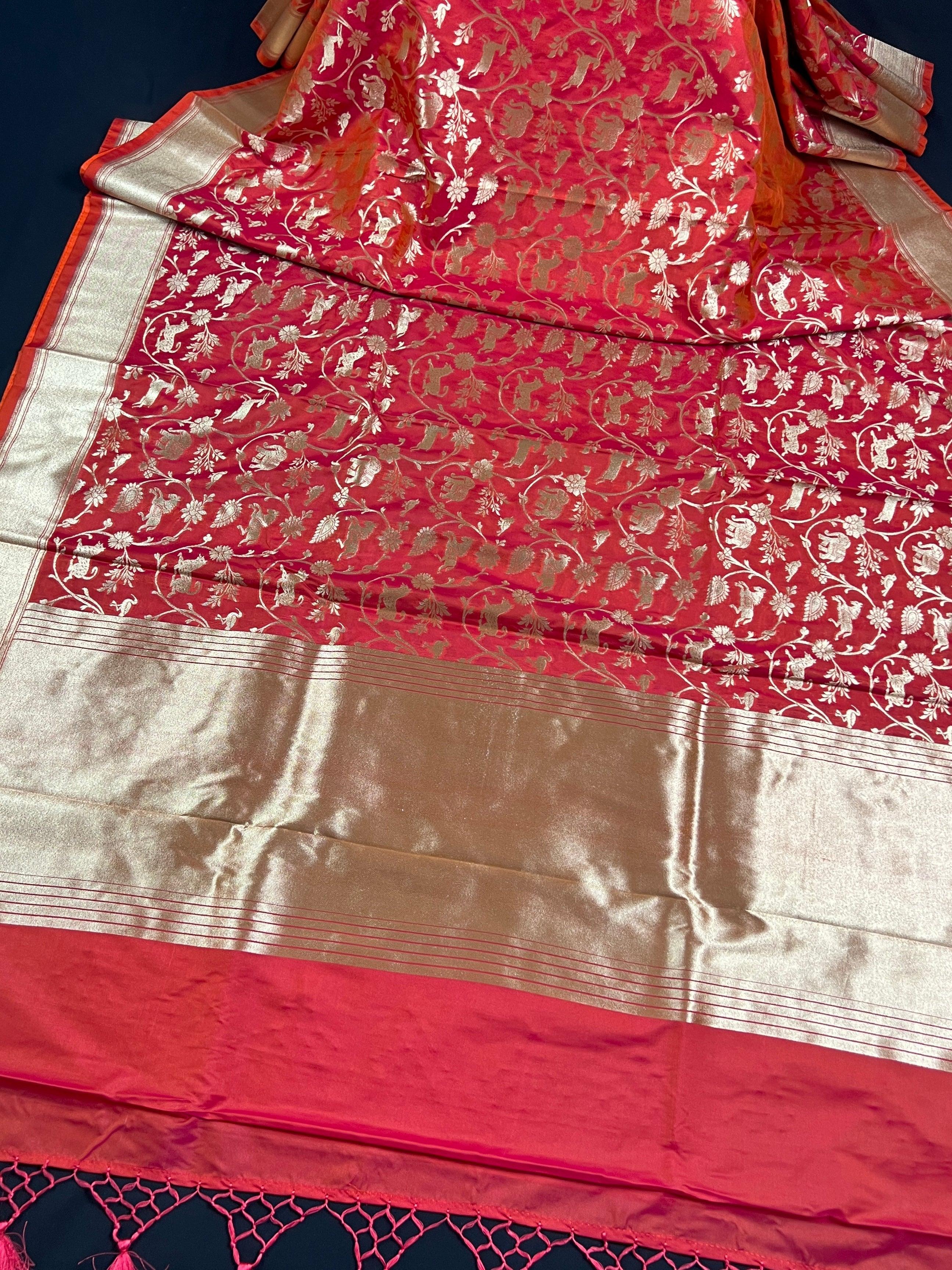 Triple Tone Peach with tint of Orange and Pink Semi Katan Silk ...