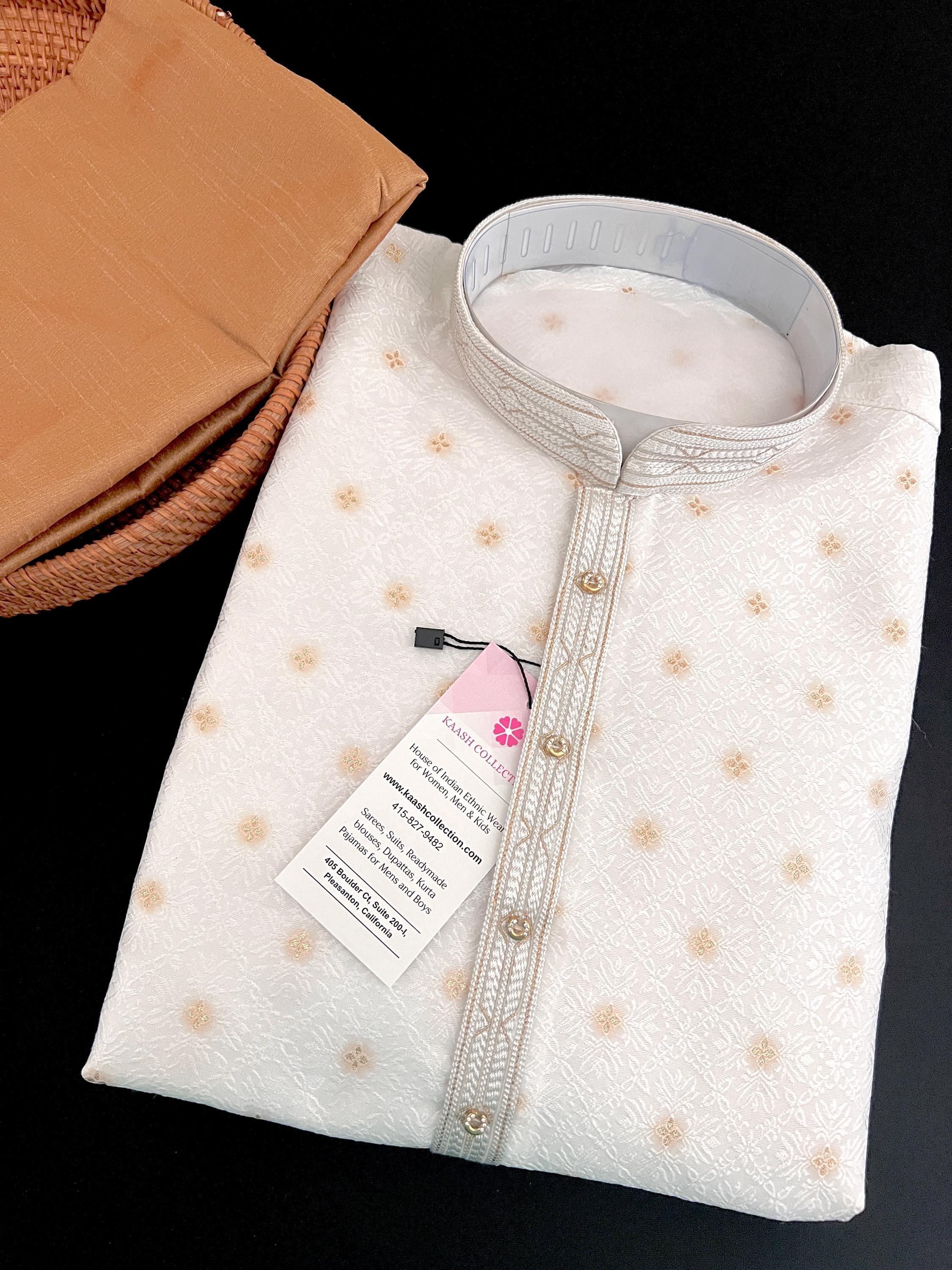 White Color in Self Weave design with small gold buttis | Kurta with Lining | White Color Kurta ...