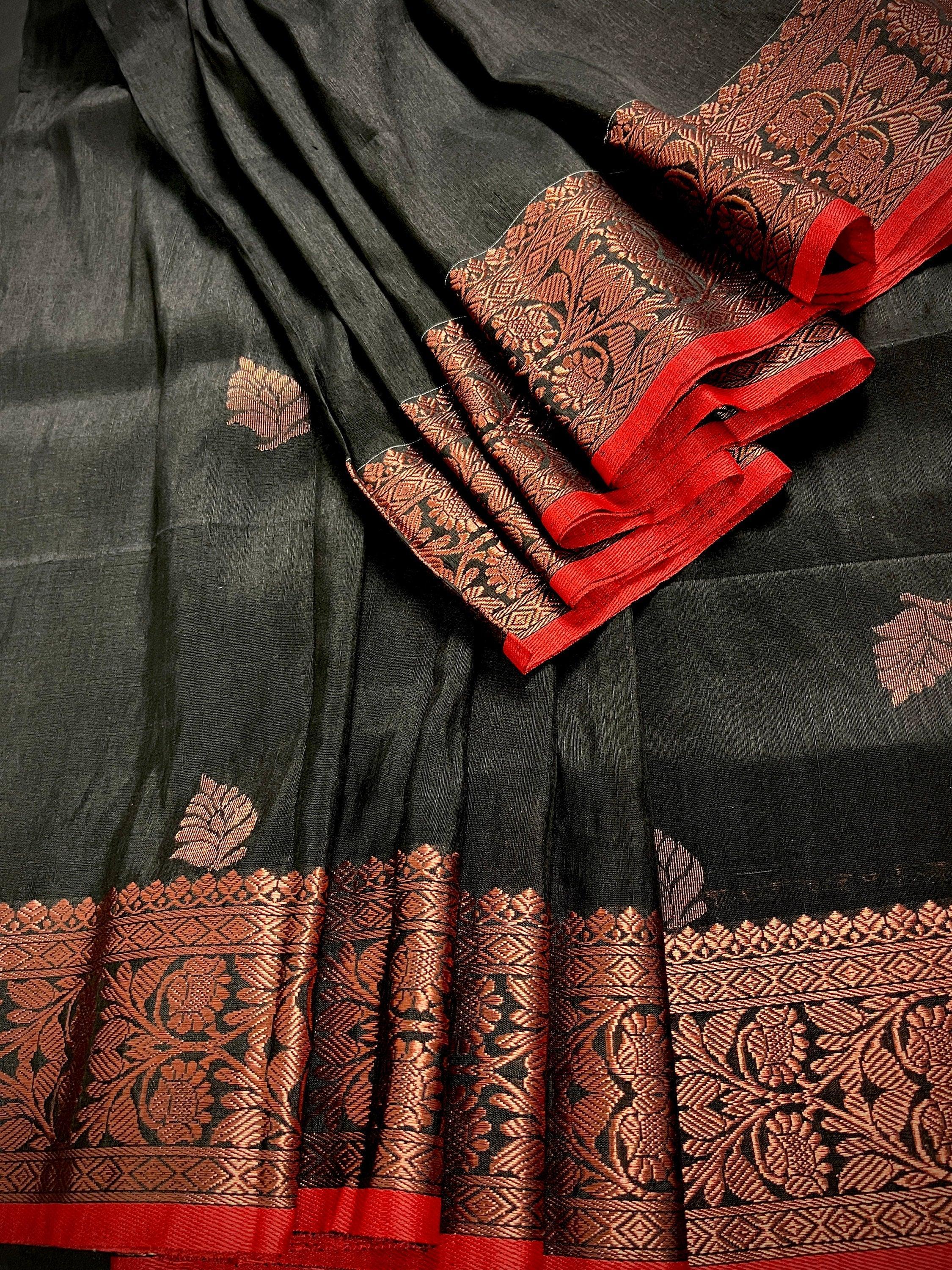 Black Color Handloom Linen Silk Saree with Red Borders and Cooper Zari ...
