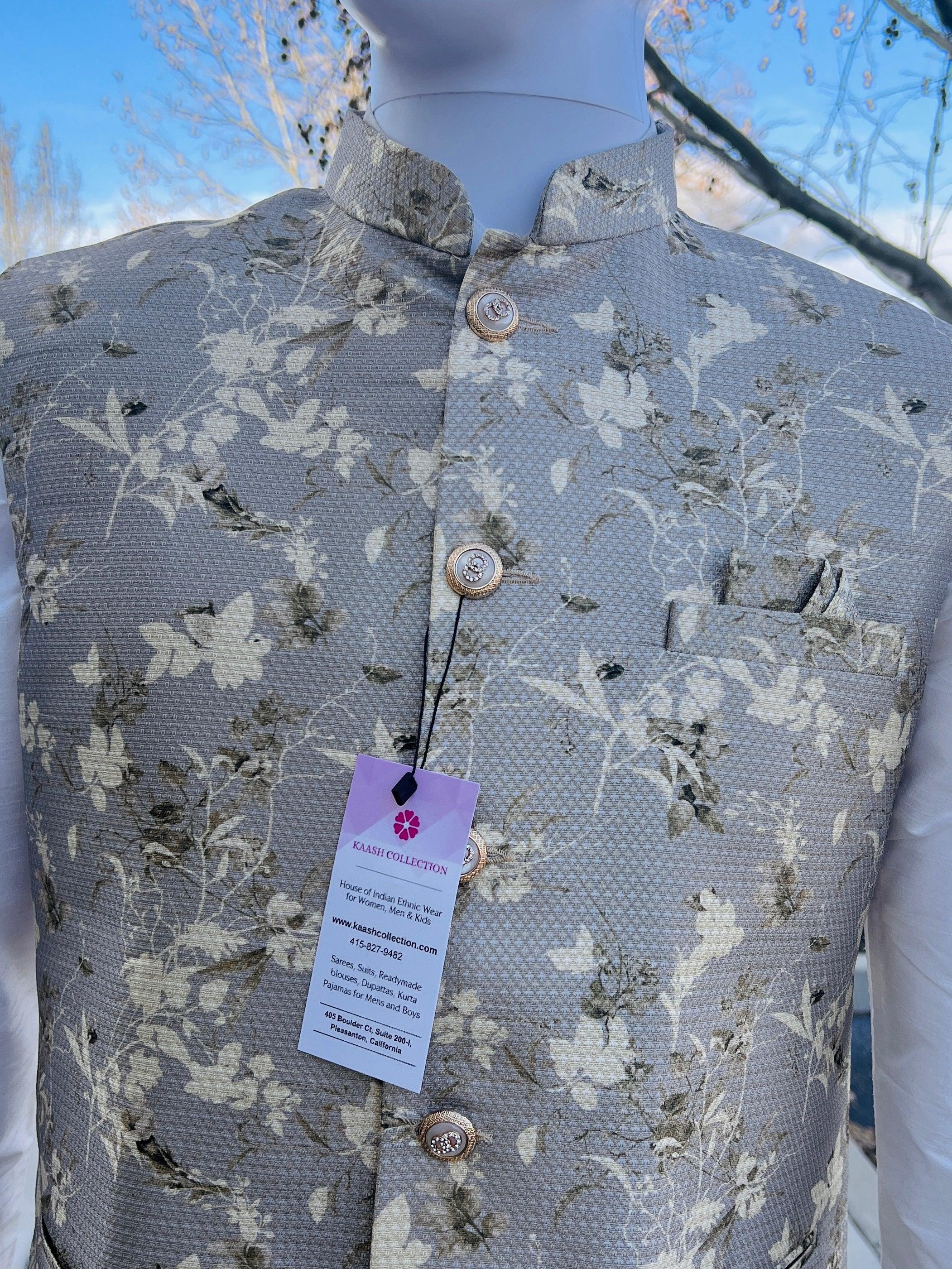 Designer Light Grey Gold Modi Nehru Jacket For Men in Jute Silk ...